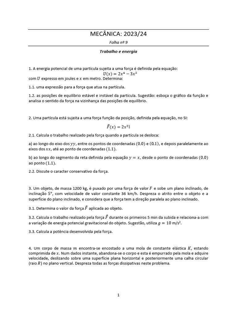 Folha De Problemas N 9 Pdf Energia Potencial Massa