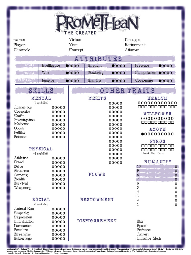 Prometheus Os Criados - Character Sheet | PDF