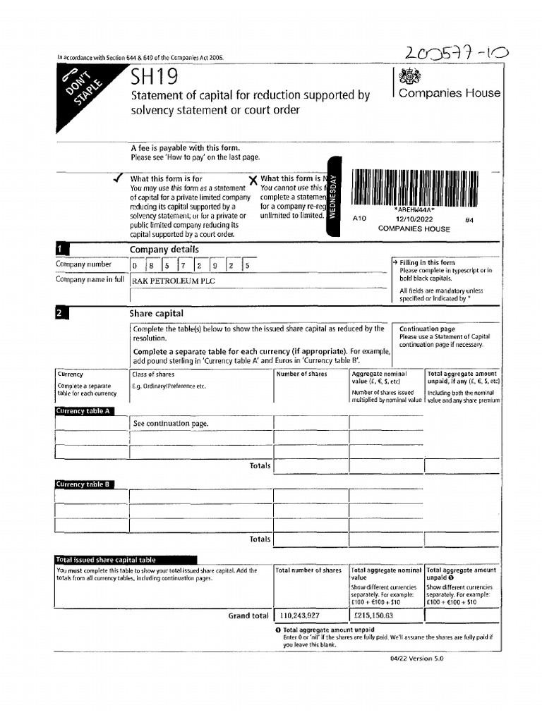 Capital Reduction Supported by Solvency Statement | PDF