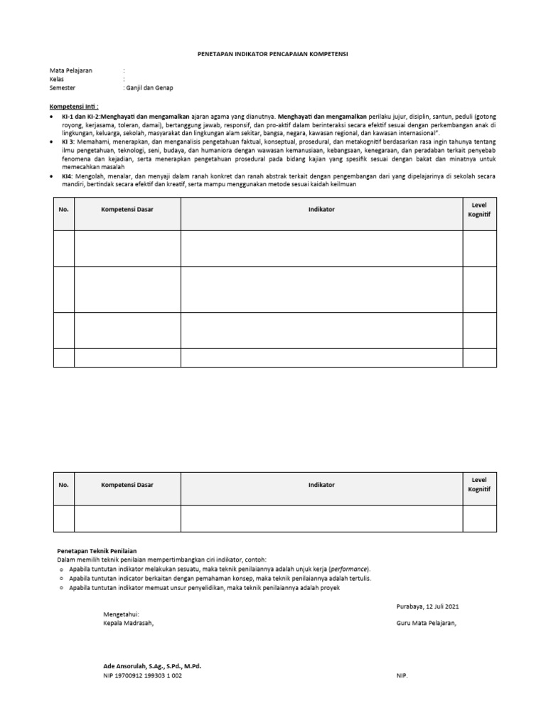 Form Penetapan Indikator Pencapaian Kompetensi | PDF | Karier ...