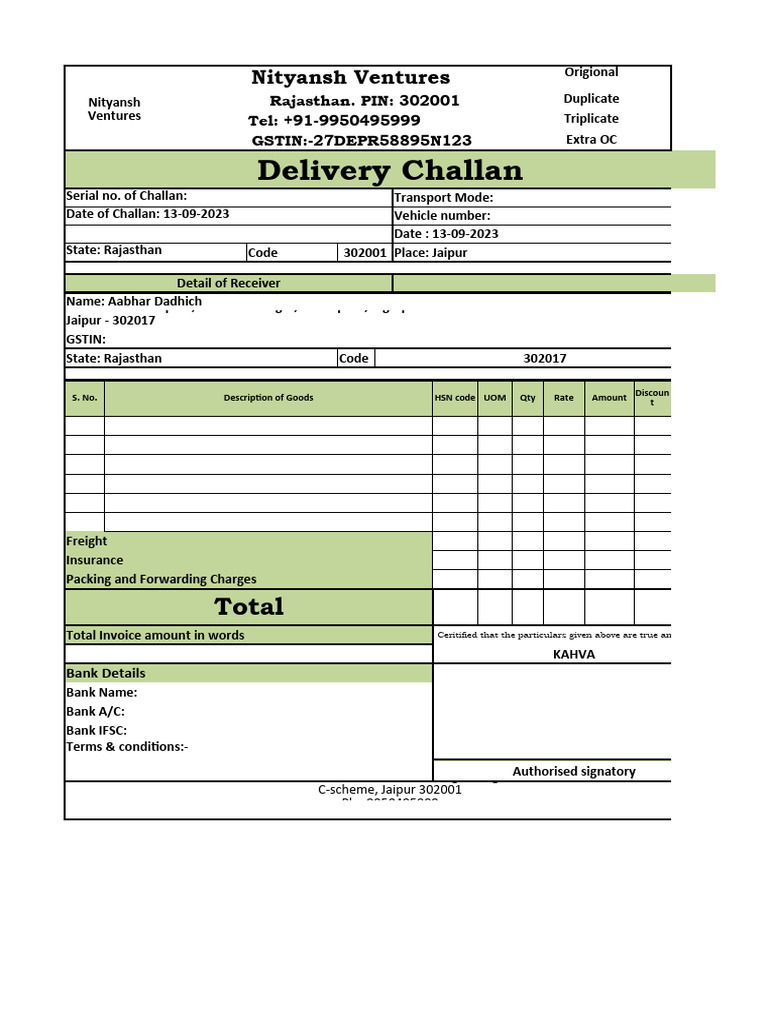 Delivery Challan for Rajasthan | PDF