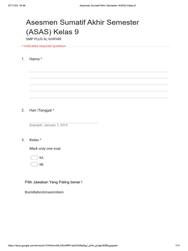 Asesmen Sumatif Akhir Semester (ASAS) Kelas 9 - Google Forms | PDF