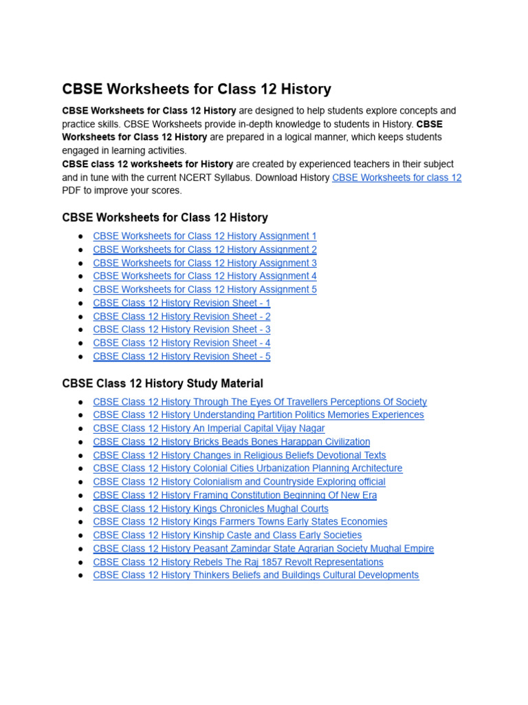 CBSE Worksheets For Class 12 History | PDF | Science