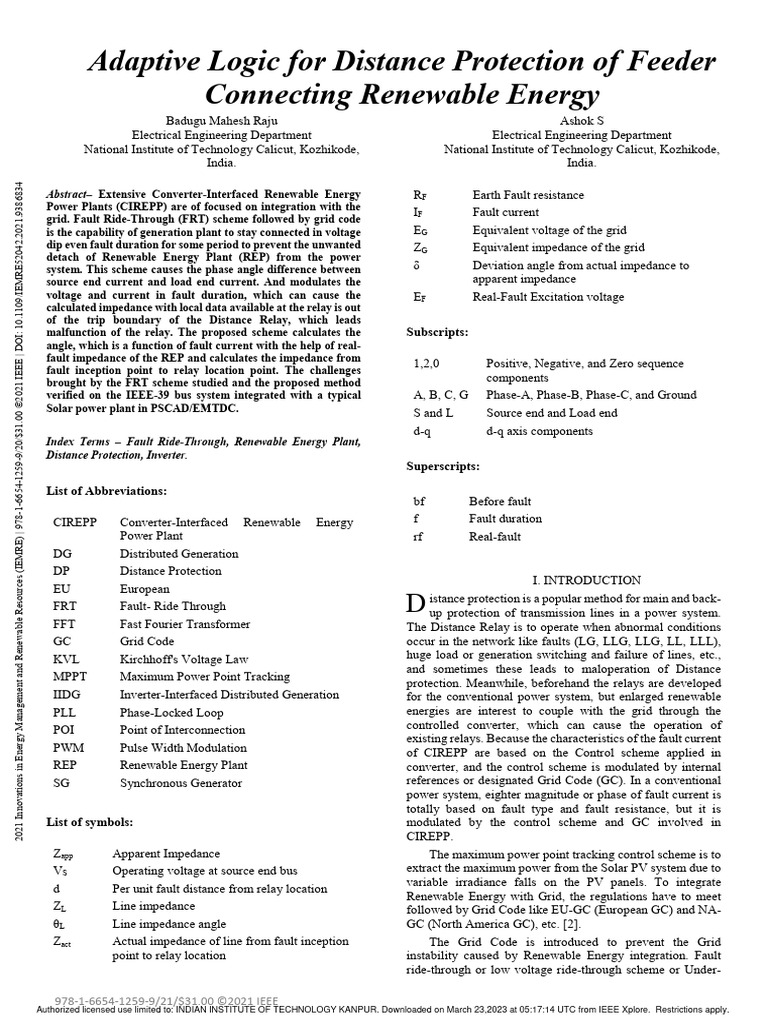 2021 Adaptive Logic For Distance Protection Of Feeder Connecting Renewable Energy Pdf Power
