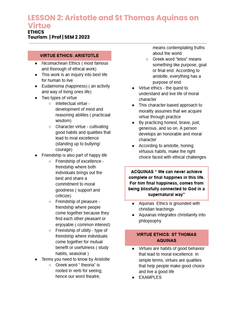 LESSON 2 - Aristotle and ST Thomas Aquinas On Virtue | PDF | Virtue ...