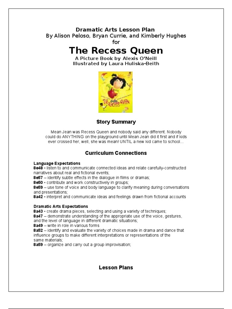 Drama Lesson Plan For The Recess Queen | PDF | Lesson Plan | Semiotics