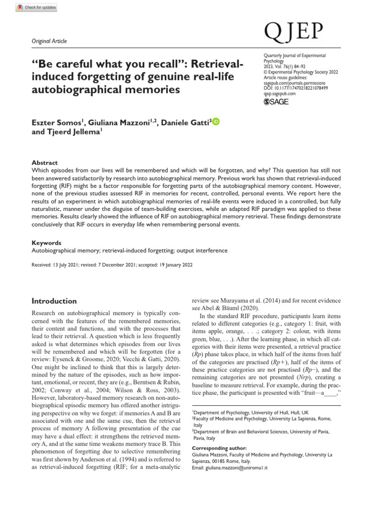 "Be Careful What You Recall" - Retrievalinduced Forgetting of Genuine Real-Life Autobiographical ...