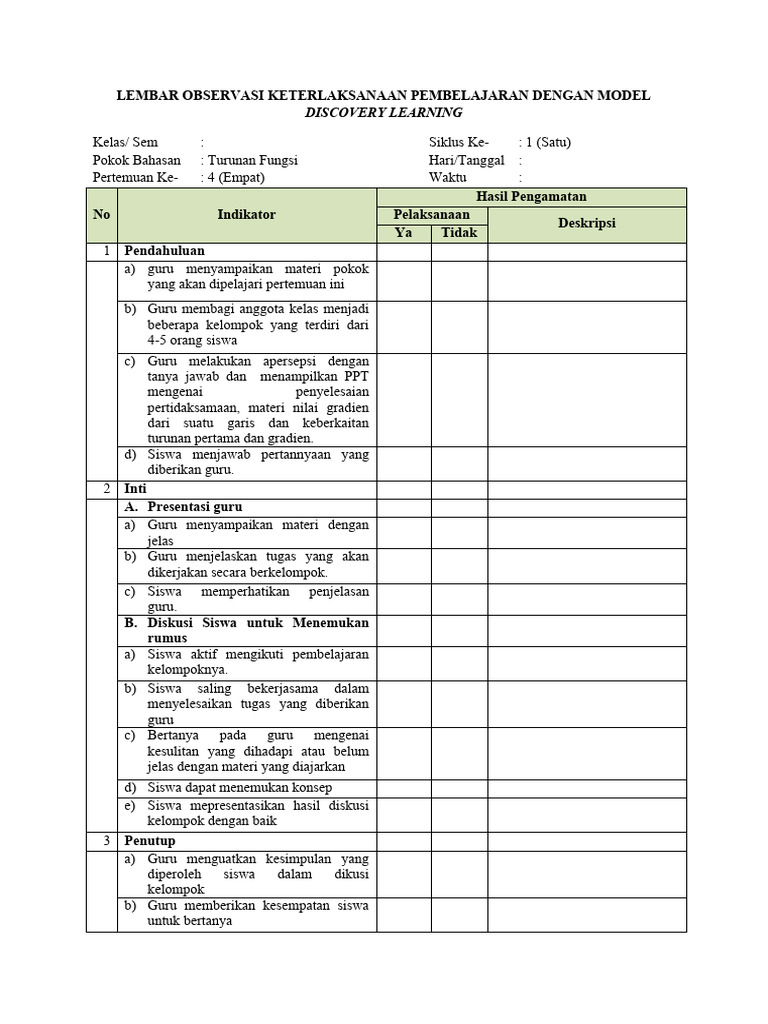 Lembar Observasi Keterlaksanaan Pembelajaran Dengan Model Discovery Learning | PDF