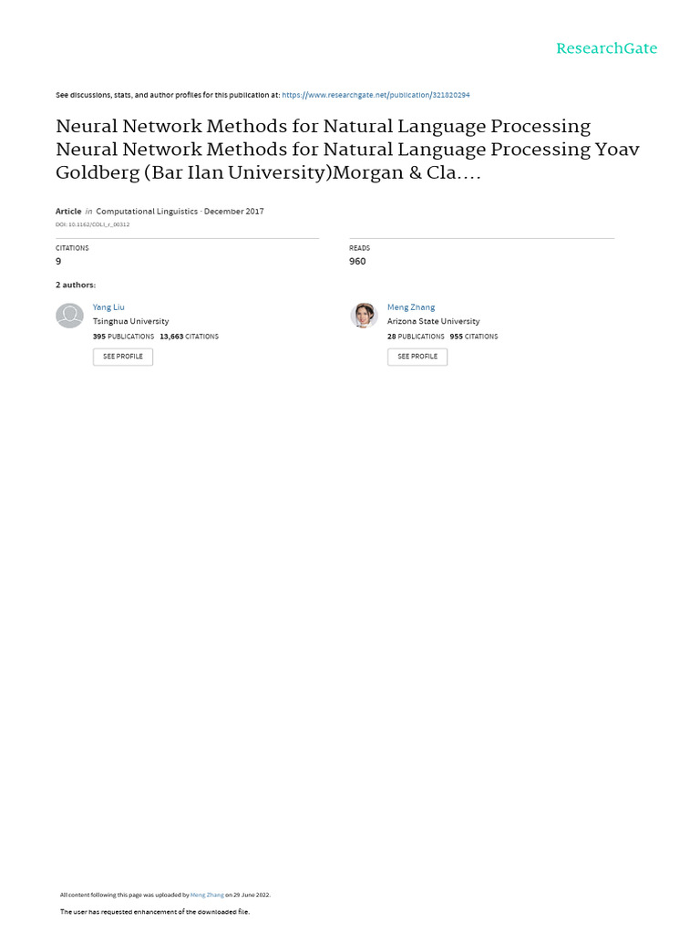 Neural Network Methods For Natural Language Proces | PDF | Artificial Neural Network | Cybernetics