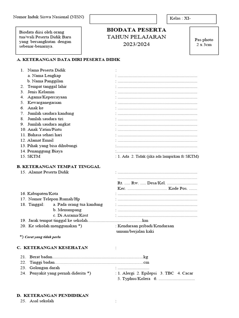 Biodata Diri Siswa Kelas Xi 2023-2024 | PDF