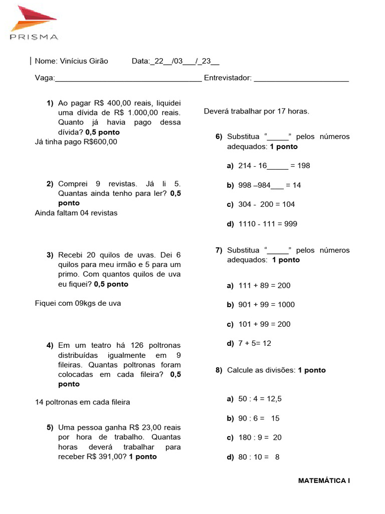 Questões de Matemática para Entrevista | PDF