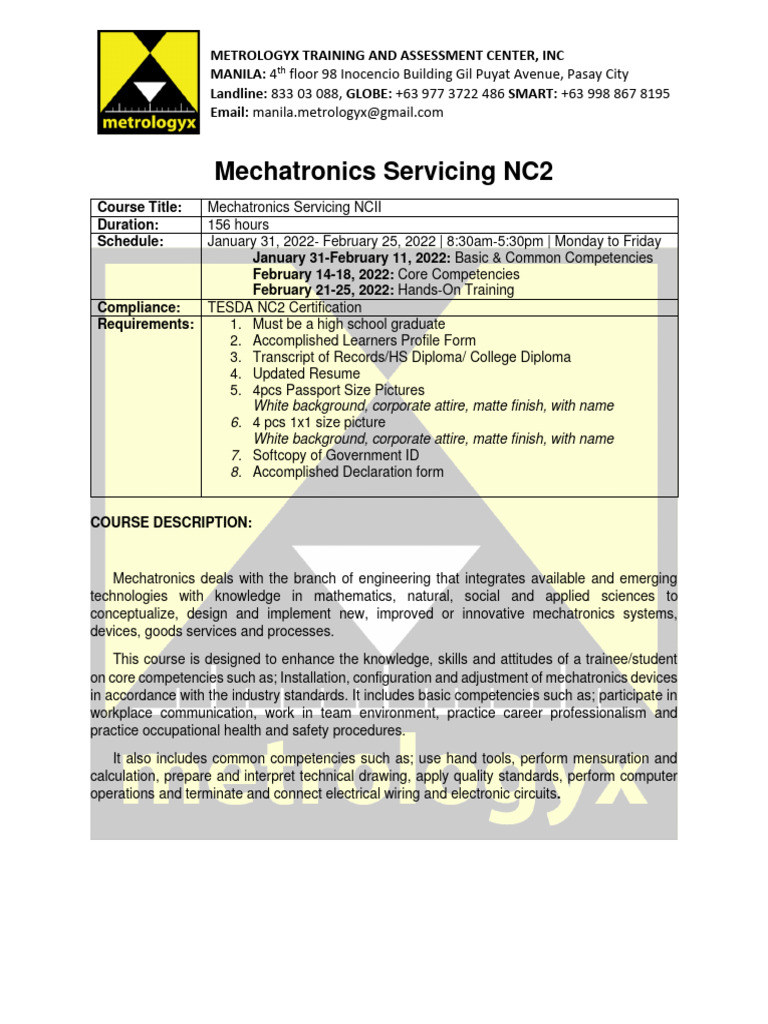 Mechatronics Servicing NC II Course Details | PDF | Occupational Safety ...