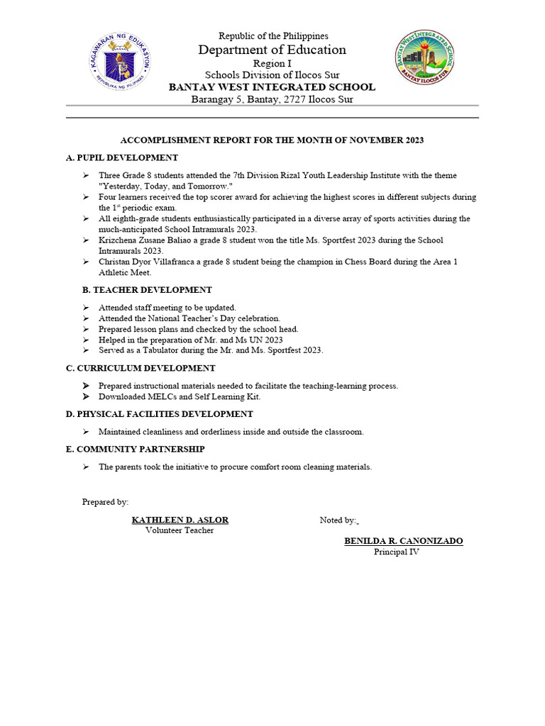Accomplishment Report For The Month of November 2023 | PDF