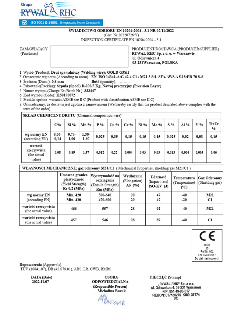 Welding Wire GOLD G3Si1 | PDF