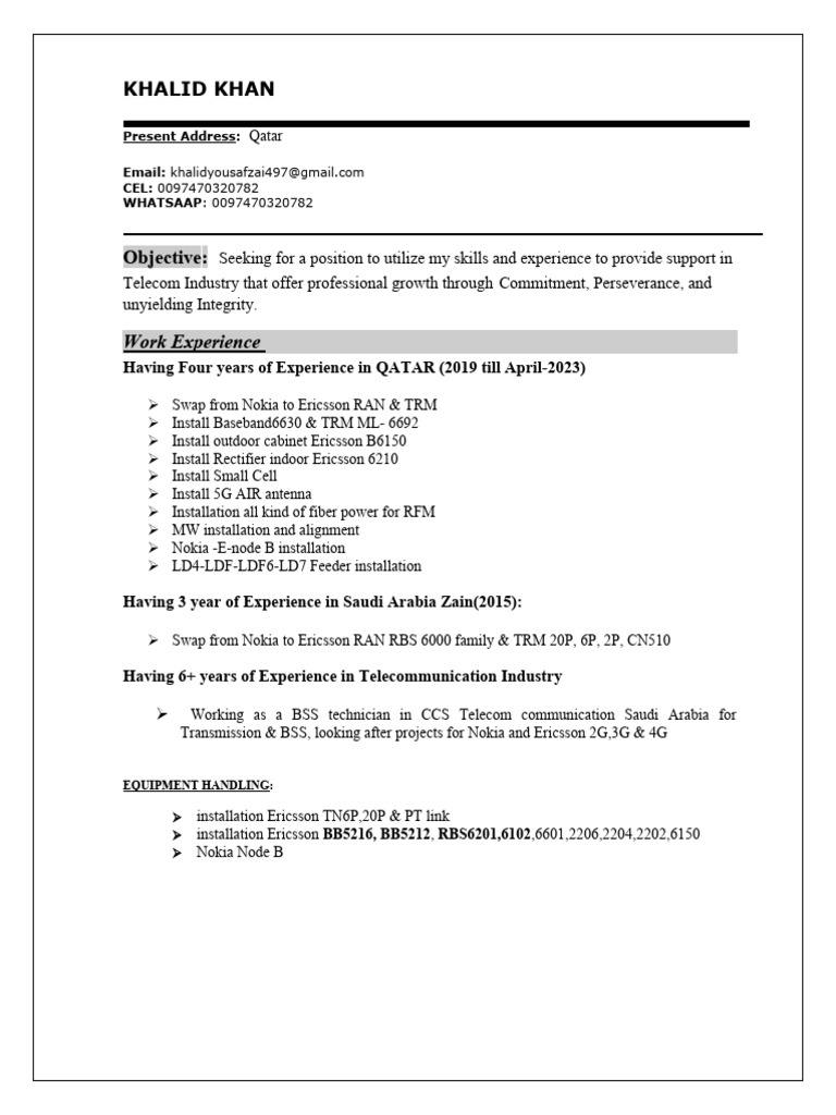 Khalid Khan - DC Exp With Manul DL | PDF | Ericsson | Telecommunications Khalid Khan - DC Exp With Manul DL | PDF | Ericsson | Telecommunications