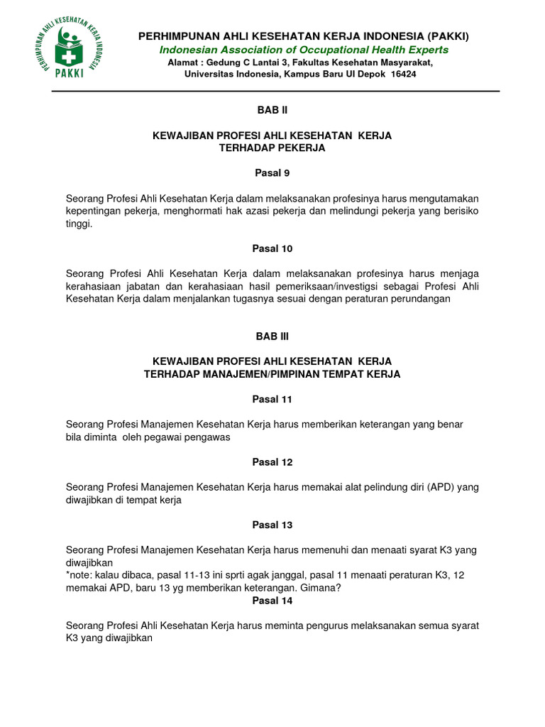 KODE ETIK PAKKI - 3 Perhimpunan Ahli Kesehatan Kerja Indonesia | PDF