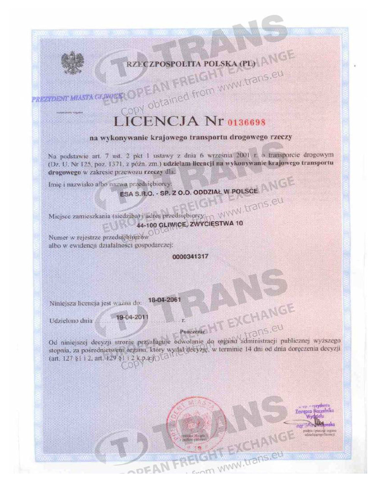 0 - Licencja Na Krajowy Transport Drogowy | PDF