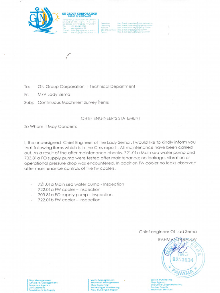 Chief Engineer's Statement of Cms | PDF