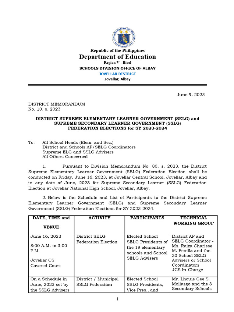 JOV DISTRICT MEMO No. 10 S. 2023 District SELG Election | PDF | Government