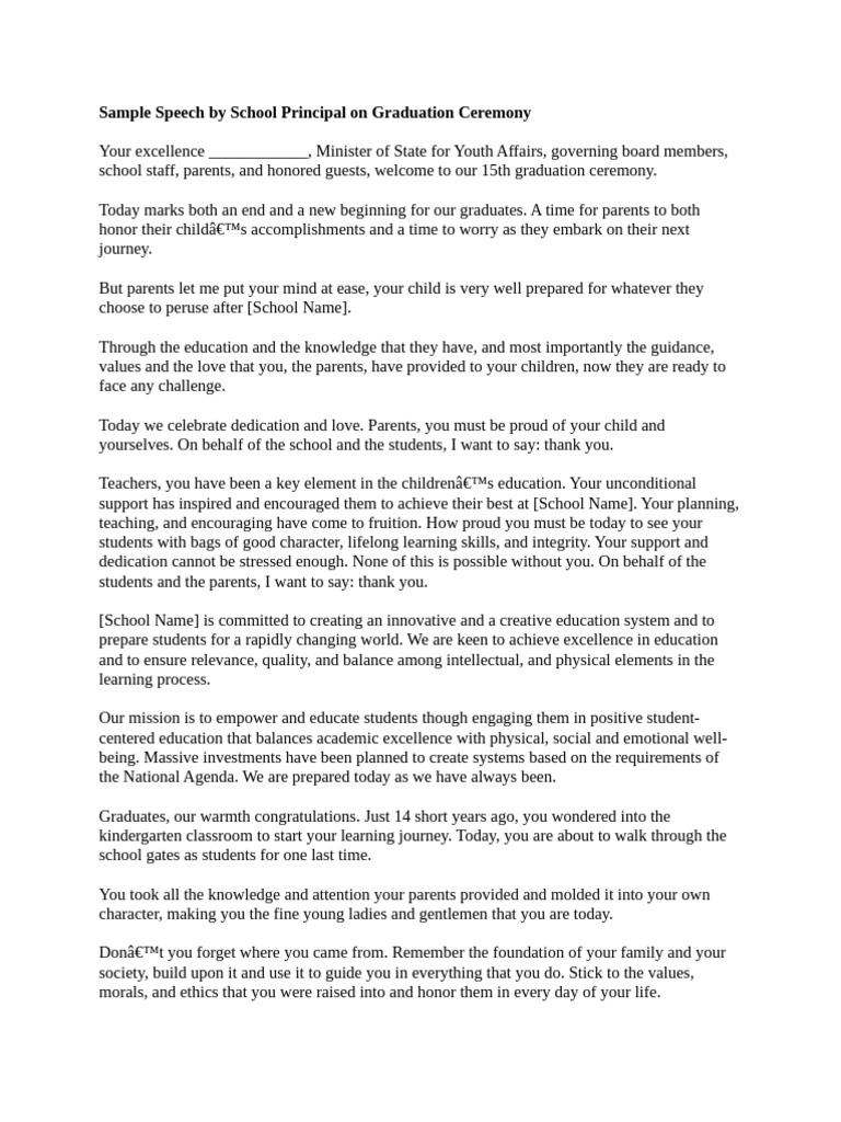 Sample Speech by School Principal On Graduation Ceremony | PDF ...
