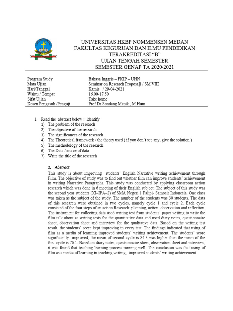 Soal UTS Seminar On RP April 2021 | PDF | Cognitive Science | Scientific Method