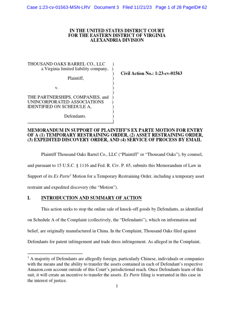 TOB (23-cv-01563) - Motion for TRO | PDF | Injunction | Trade Dress