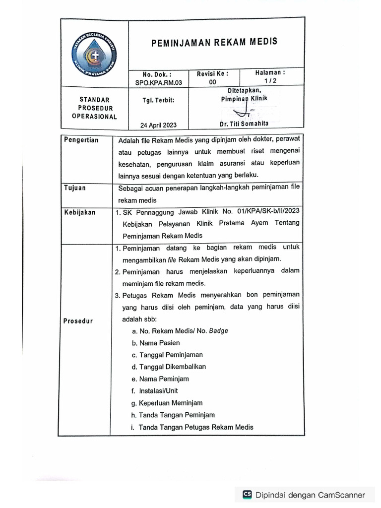 SPO Peminjaman Rekam Medis | PDF