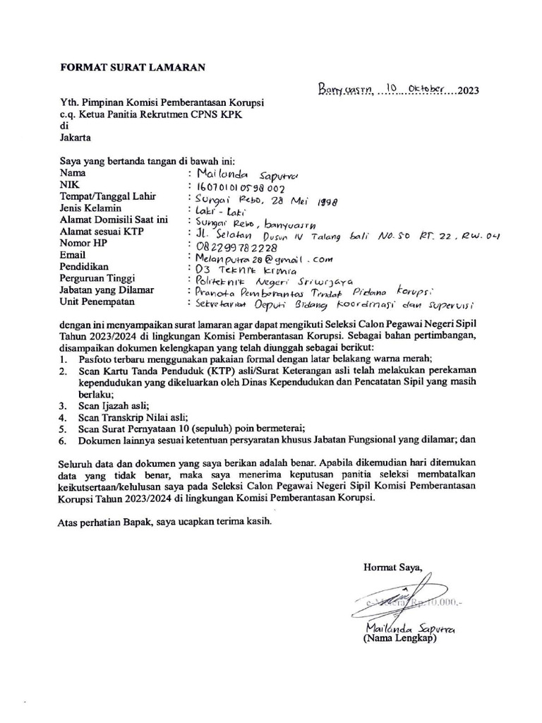 Surat Lamaran Asli - Compressed | PDF