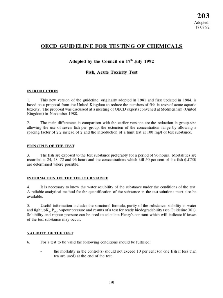 LC50 Guideline OECD | PDF | Purified Water | Solubility