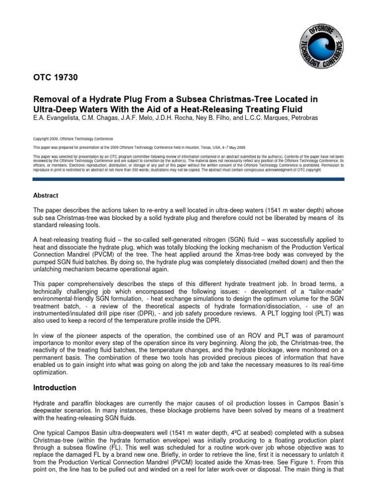 Otc19730 REMOVAL OF HYDRATE PLUG FROM SUBSEA XMAS TREE | PDF | Alkane ...