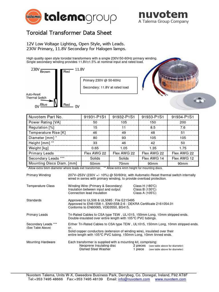 Nuvotem: Toroidal Transformer Data Sheet | PDF | Transformer ...