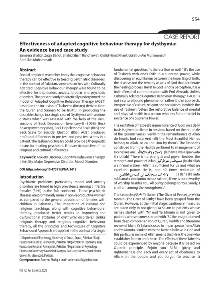 Effectiveness of Adapted Cognitive Behaviour Therapy For Dysthymia: An Evidence Based Case Study ...