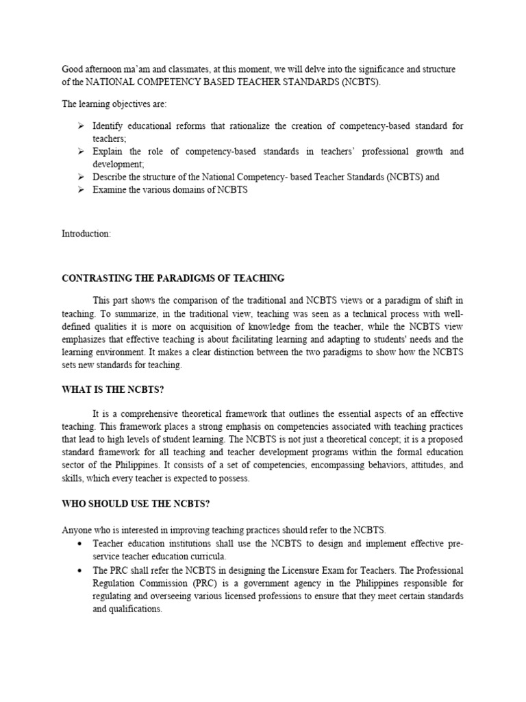 The NCBTS and The KSAs Developed For The NCBTS | PDF | Teachers | Learning