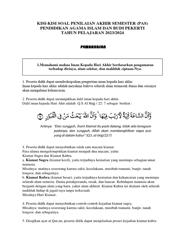 Kisi-Kisi PAS PAI 2023/2024 | PDF | Agama & Spiritualitas