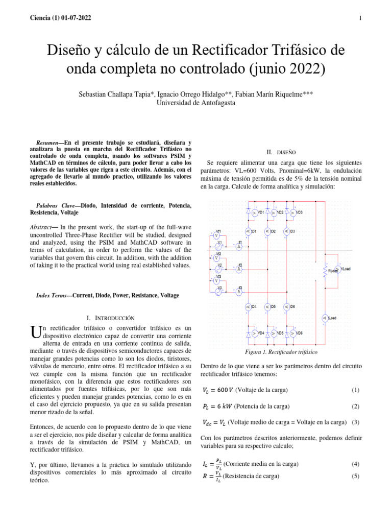 Diseño y Cálculo de Un Rectificador Trifásico de Onda Completa No Controlado (Junio 2022 ...
