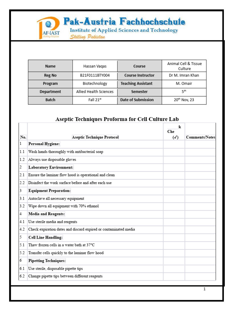Aseptic Techniques Proforma by Hassan | PDF | Cell Culture