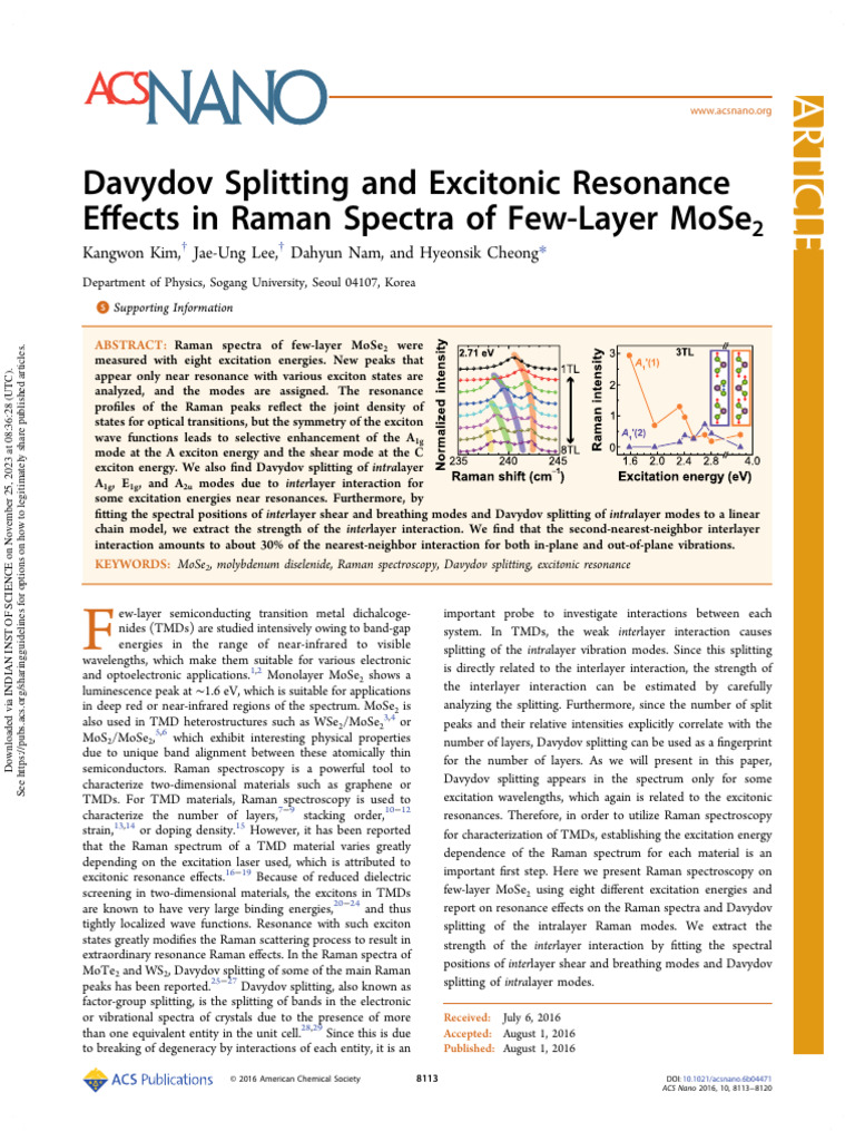 Davydov Splitting and Excitonic Resonance Effects in Raman Spectra of Few Layer MoSe2 | PDF ...