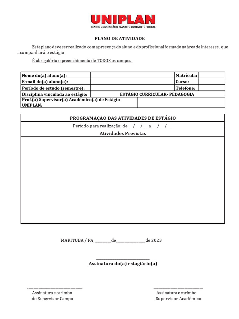 Plano de Atividade Do Termo de Compromisso - Pedagogia Uniplan-1 | PDF