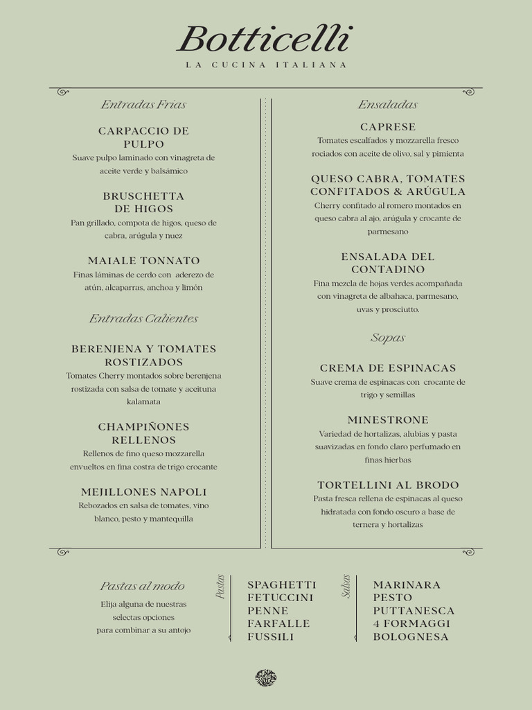 Menú de Cocina Italiana Botticelli | PDF | ensalada | pesto