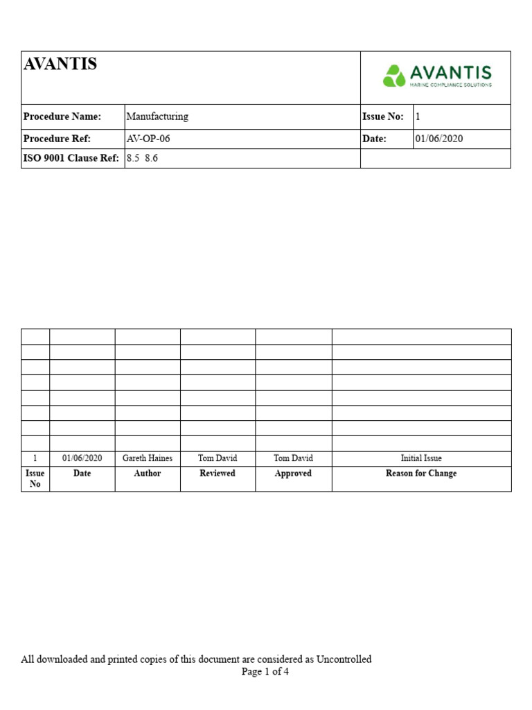 Avantis Manufacturing Procedure Overview | PDF | Iso 9000 | Quality Management System
