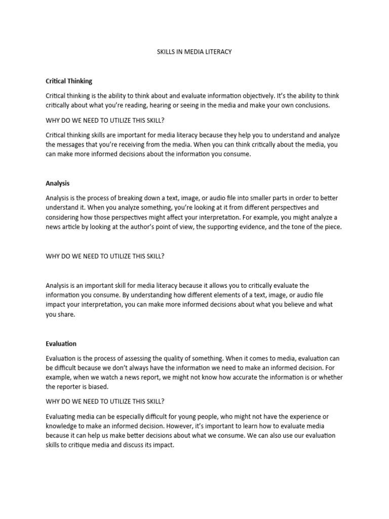 Skills in Media Literacy | PDF | Mass Media | Critical Thinking
