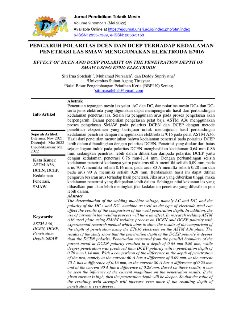 Pengaruh Polaritas Dcen Dan Dcep Terhadap Kedalaman Penetrasi Las Smaw ...