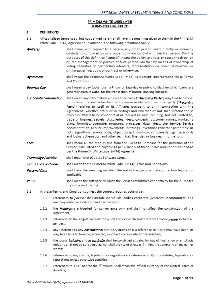 PrimeXM DMCC MT4 White Label Agreement TCs v1.0 2018 06 | PDF | Indemnity | Legal Liability