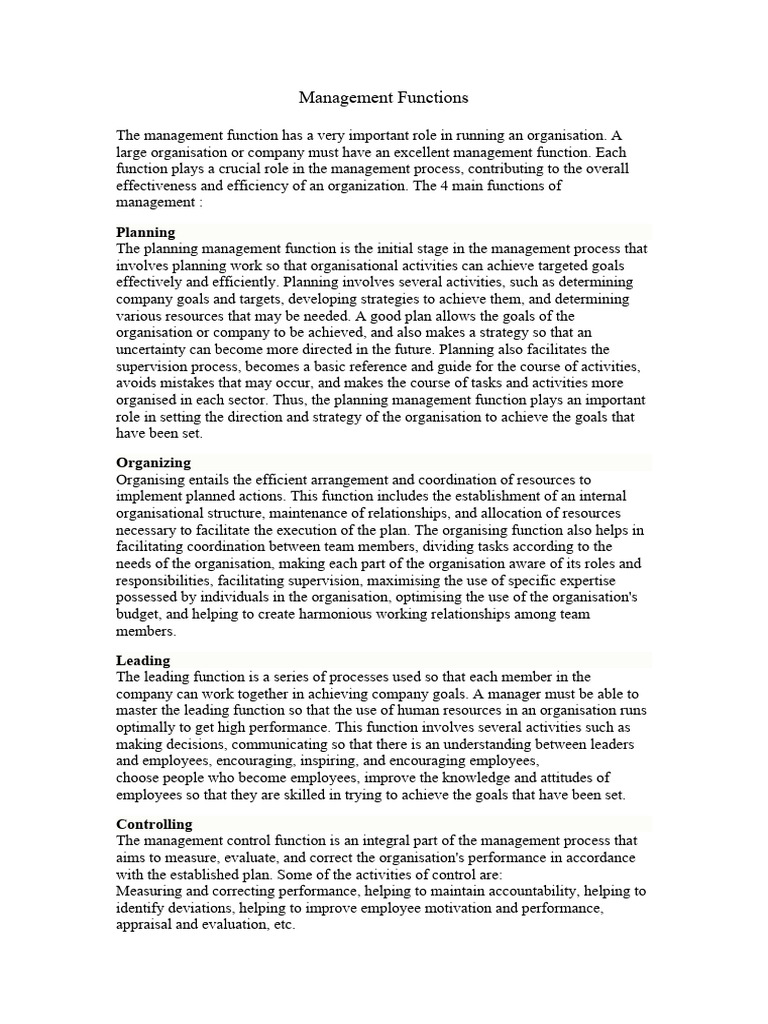 Management Functions | PDF | Goal | Planning Management Functions | PDF | Goal | Planning