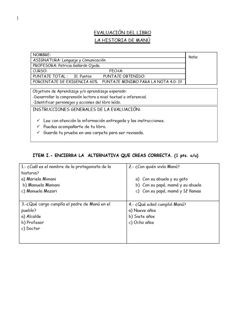 EVALUACIÓN DEL LIBRO LA HISTORIA DE MANU Lista | PDF | Arte | Ficción ...