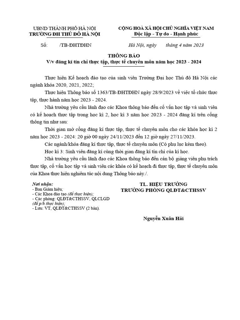 TB đk thực tập TTCM - 2023 2024 | PDF