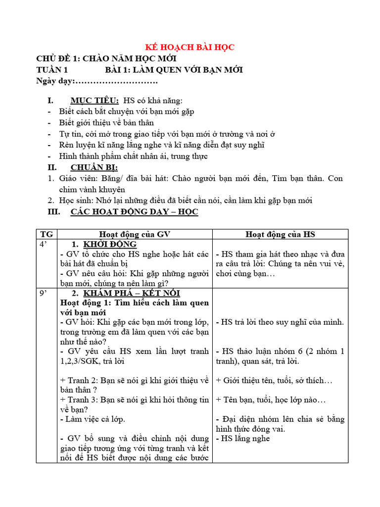 Giao An Hoat Dong Trai Nghiem Lop 1 Sach Ket Noi Tri Thuc Voi Cuoc Song Ca Nam | PDF