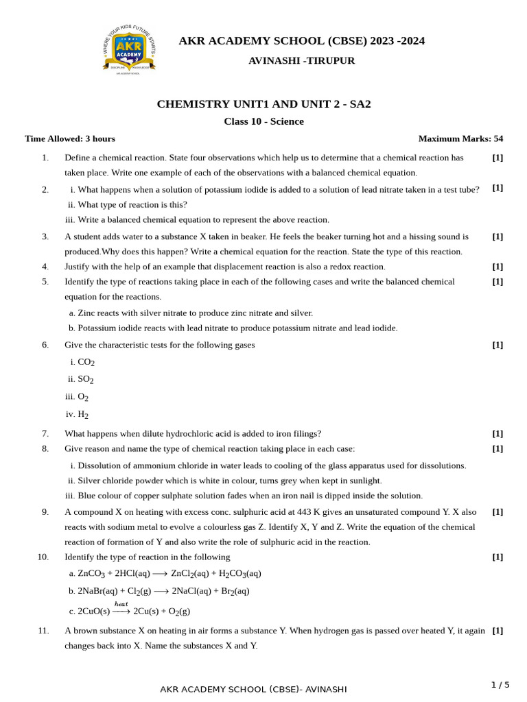 CLASS X CHEMISTRY question-985613-SA2-UNIT1 AND UNIT2 | PDF | Chemical Reactions | Chlorine