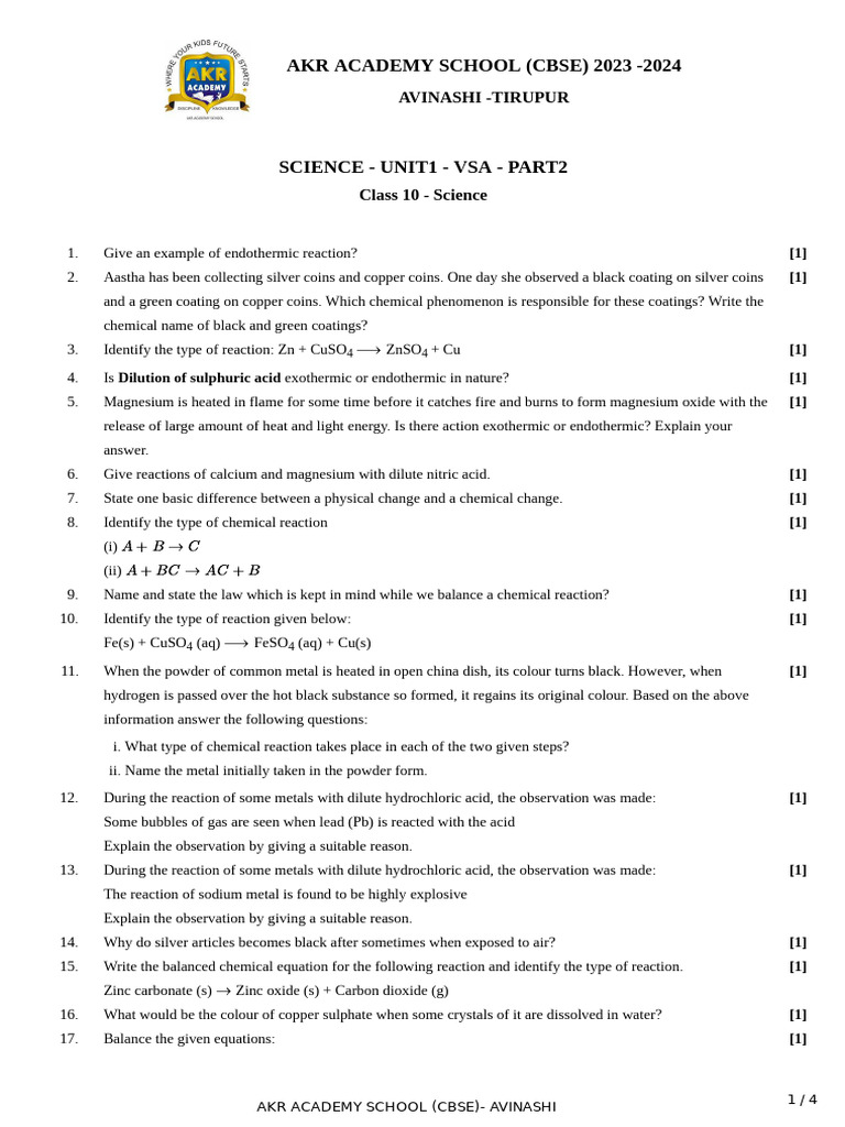 CLASS X CHEMISTRY question-988017-VSA-PART2 | PDF | Chemical Reactions | Oxide