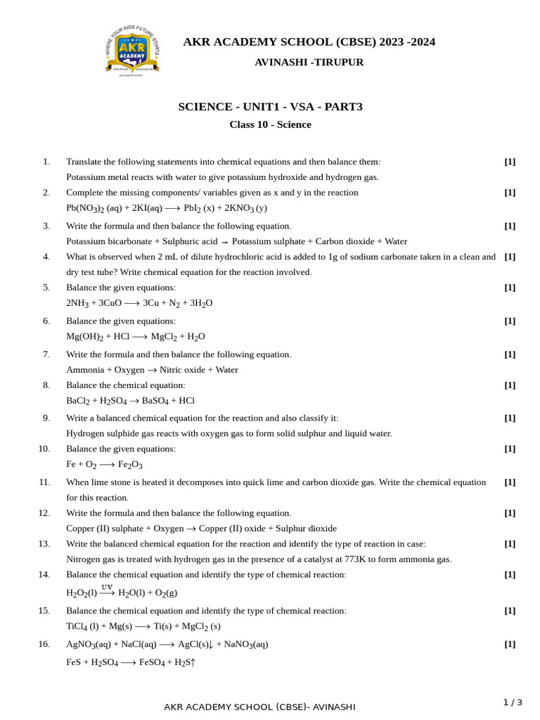 CLASS X CHEMISTRY question-988022-VSA-PART3 | PDF | Chemical Reactions ...